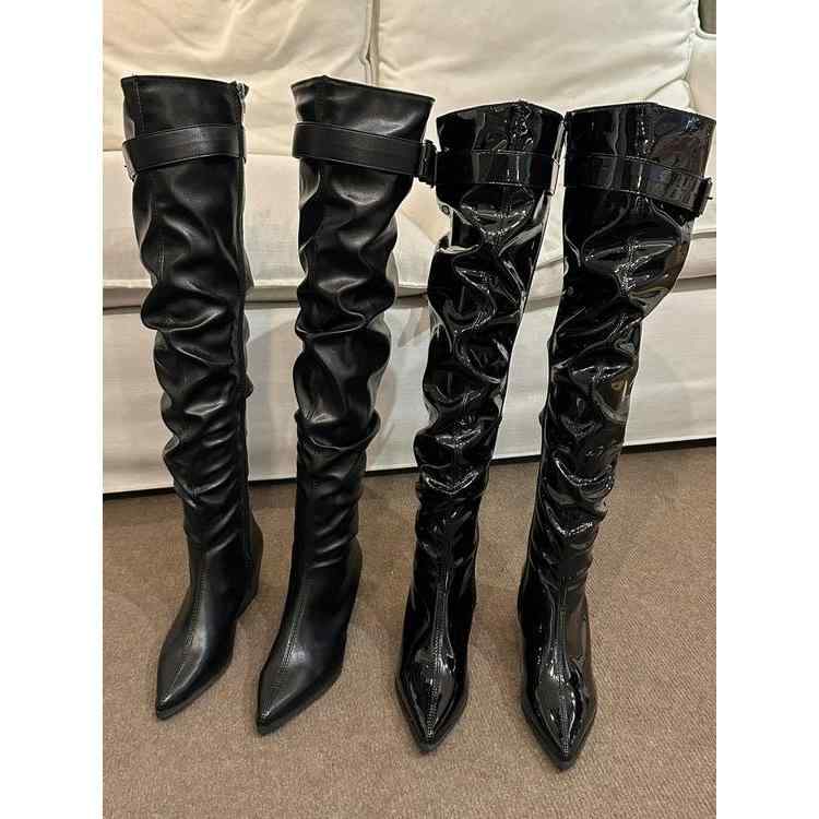 ・靴面素材: 合成PU・靴底素材: ラバー・対象性別: 女性・スタイル: エスニック・トゥ形状: ポイント・ヒール形状: チャンキー・ヒール高: 6-8cm・筒丈: オーバーニー・厚み: 普通・着脱方法: 後ろジッパー・パターン: 無地・適...