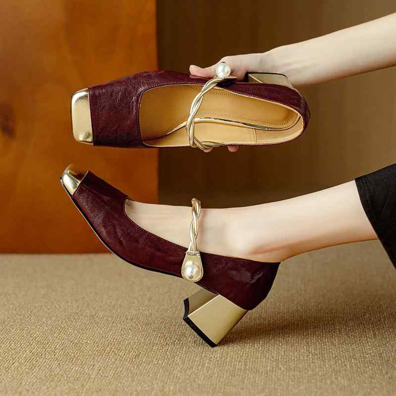 ・トゥ形状: スクエアトゥ・アッパー素材: 本革（羊皮）・スタイル: シンプル・対象性別: 女性・ヒール高: 3-5cm・パターン: ツートンカラー・色: ブラック, ブラウン, ワインレッド・サイズ: 34, 35, 36, 37, 38...