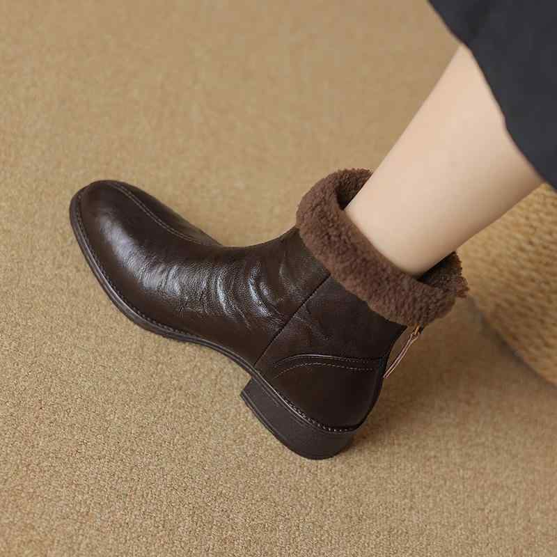 ・ヒール高: 3-5cm・パターン: 無地・トゥ形状: ラウンドトゥ・ディテール: ステッチ・レザータイプ: 羊革・対象性別: 女性・アッパー素材: 本革・スタイル: シンプル・アウトソール素材: ゴム・ライニング素材: ウール・シューズハ...