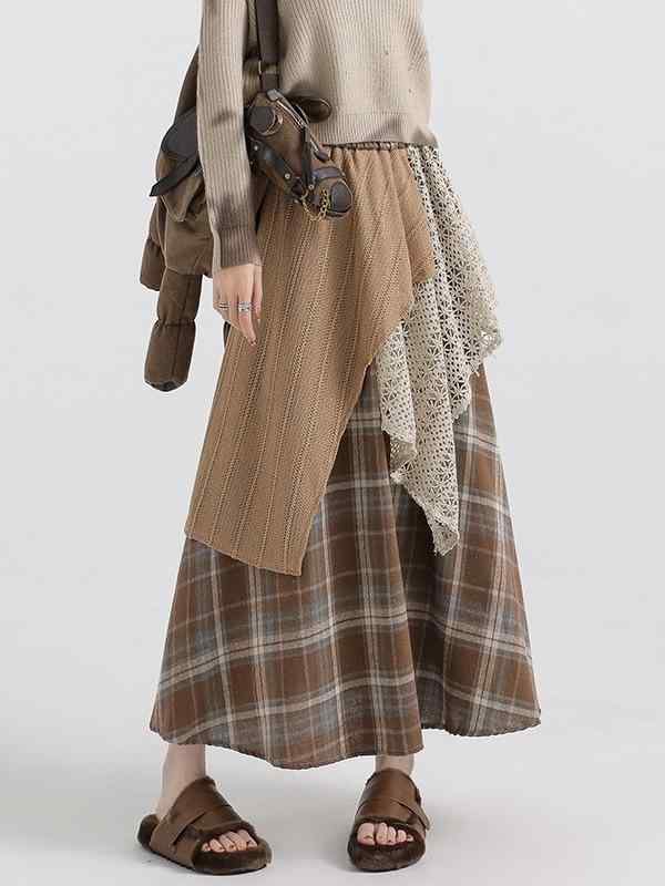 ・柄: ストライプ/格子・加工: パッチワーク/ステッチ・素材: ポリエステル・含有率: 50%-70%・スカート型: Aライン・丈: ロング・装飾: 立体装飾・色: レッド,ブラウン・サイズ: フリーサイズ・スタイル: レトロ・カテゴリ:...