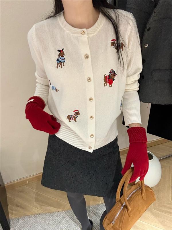 ・素材: アクリル 30-50%・厚み: 中厚・タイプ: カーディガン・シルエット: ゆったり・袖型: セットイン・袖丈: 長袖・襟型: クルーネック・着丈: ミドル 50-65cm・加工: ニット・色: ベージュ,グレー,レッド・デザイン...