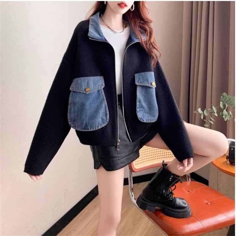 ・生地: デニム・主素材: アクリル 50%-70%・パターン: マルチカラー・厚み: 厚手・スタイル: カーディガン・フィット: ルーズ・袖タイプ: スタンダード・襟: ラペル・袖丈: ロング・ディテール: 拼接・着丈: ミディアム (5...