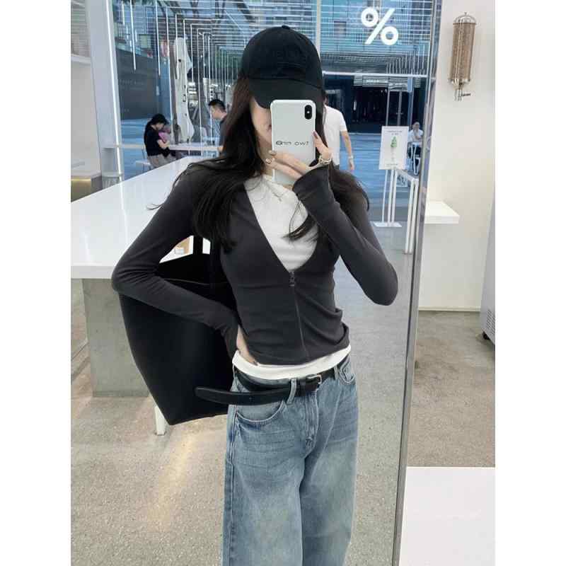 ・素材: ポリエステル・パターン: 配色・袖丈: 長袖・着丈: ミドル丈・首元: Vネック・袖型: 普通袖・デザイン要素: ジッパー・カラー: ダークグレー,ブラック・サイズ: S,M,L,XL