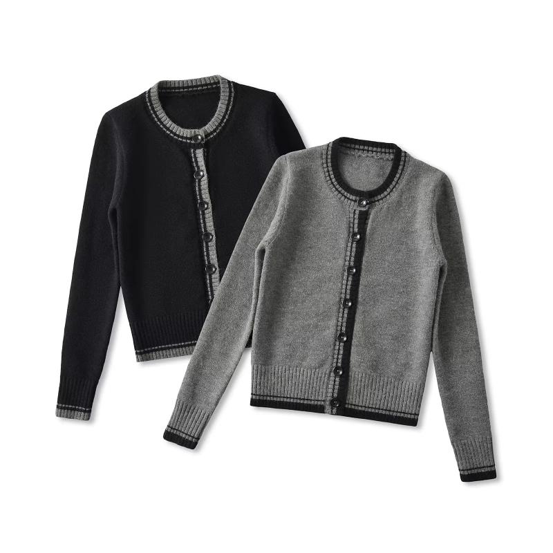 ・素材: アクリル50-70%、ナイロン30%以下、スパンデックス・柄: 配色・厚み: 中厚・タイプ: 開襟・シルエット: スリムフィット・袖形状: 普通袖・首元: 丸首・袖丈: 長袖・ディテール: コントラストカラー・着丈: 50-65c...