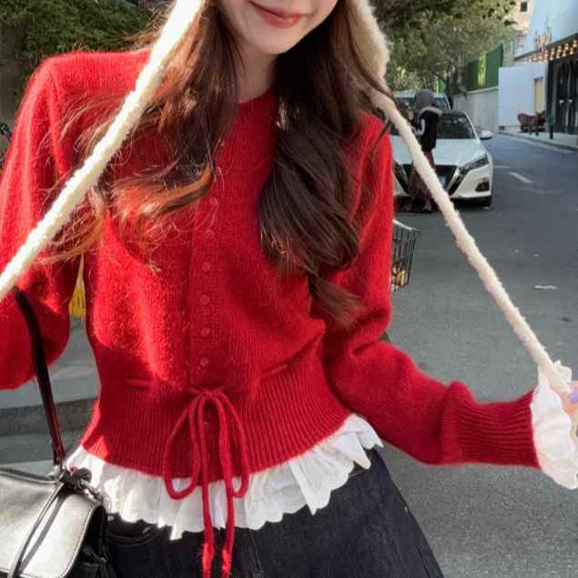 ・素材: アクリル・柄: 無地・厚み: 中厚・組み合わせ: 単品・タイプ: 開襟・版型: 標準・袖型: 標準袖・襟型: 丸襟・袖丈: 長袖・装飾: レース・着丈: 普通 (50cm<着丈≤65cm)・加工: 接ぎ・カラー: 赤,ベージ...