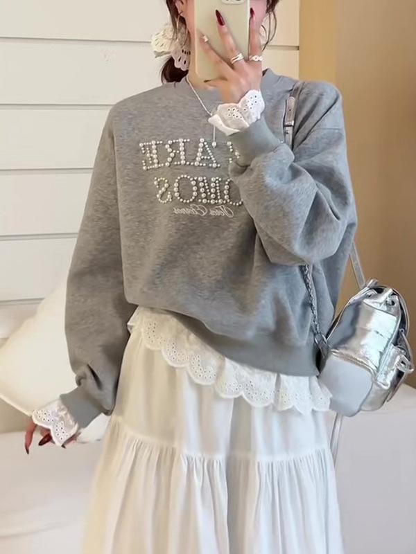 ・素材: コットン・主素材含有率: 90-95%・色: ベージュグレー・サイズ: フリーサイズ・着丈: 普通(50-65cm)・袖丈: 長袖・袖型: 通常袖・襟型: 丸首・厚み: 厚手・フィット: ルーズ・デザイン: フェイクツーピース・パ...