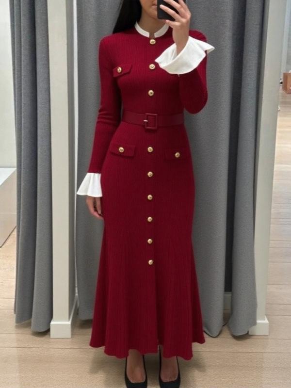 ・生地: ニット・柄: 無地・デザイン: ウエストイン・組み合わせ: 単品・スカート丈: ロング・スカートタイプ: ペンシル・襟: ラウンドネック・袖タイプ: フレアスリーブ・袖丈: ロングスリーブ・腰型: ハイウエスト・流行要素: ベルト...