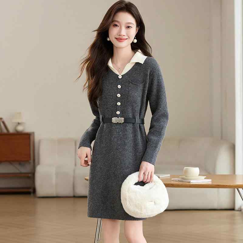 ・素材: ウール混紡・柄: 無地・加工: 拼接・款式: ベーシック・組み合わせ: フェイクツーピース・スカート丈: ミドル丈・スカート形状: 拼接スカート・襟型: ラペル・袖型: 通常袖・袖丈: 長袖・ウエスト: ルーズ・装飾: 立体装飾・...