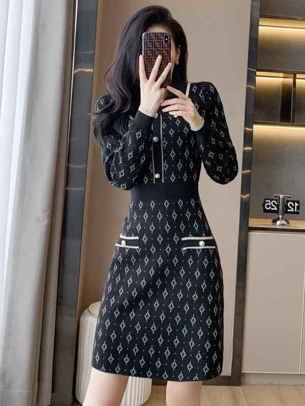 ・パターン: 配色・加工: 提花・スカート形状: Aライン・襟型: ラペル・袖型: スタンダード・袖丈: 長袖・ウエスト: ハイウエスト・デザイン要素: コントラストカラー・素材: レーヨン・色: ブラック・サイズ: S,M,L,XL・前開...