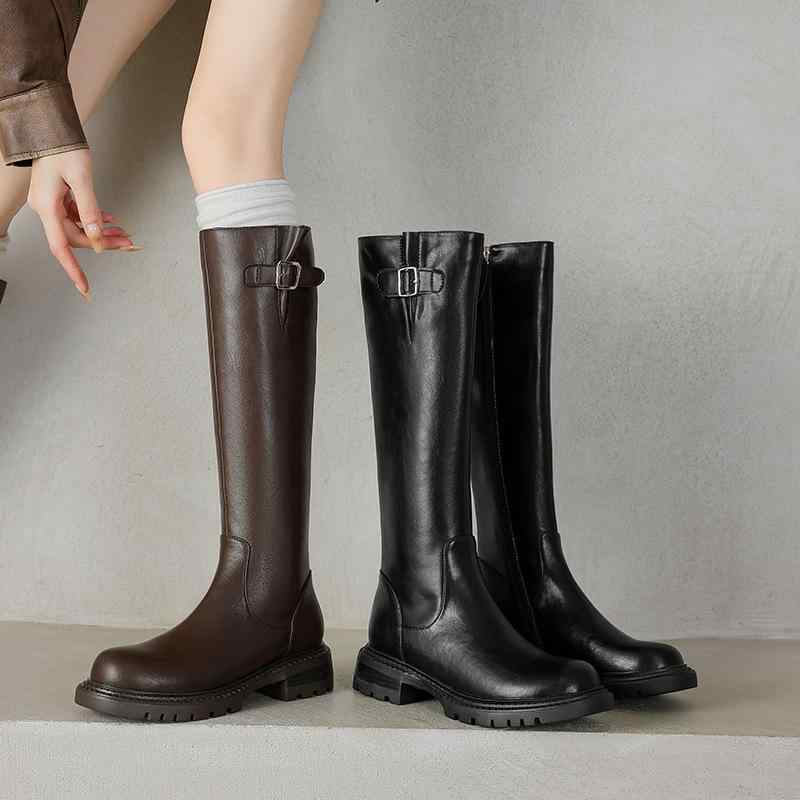 ・対象性別: 女性・対象年齢: 成人・スタイル: シンプル・トゥ形状: ラウンドトゥ・ヒール形状: 太ヒール・ヒール高: 3-5cm・筒丈: ロング・厚み: 普通・着脱方法: サイドジッパー・パターン: 無地・アッパー素材: 本革・ソール素...