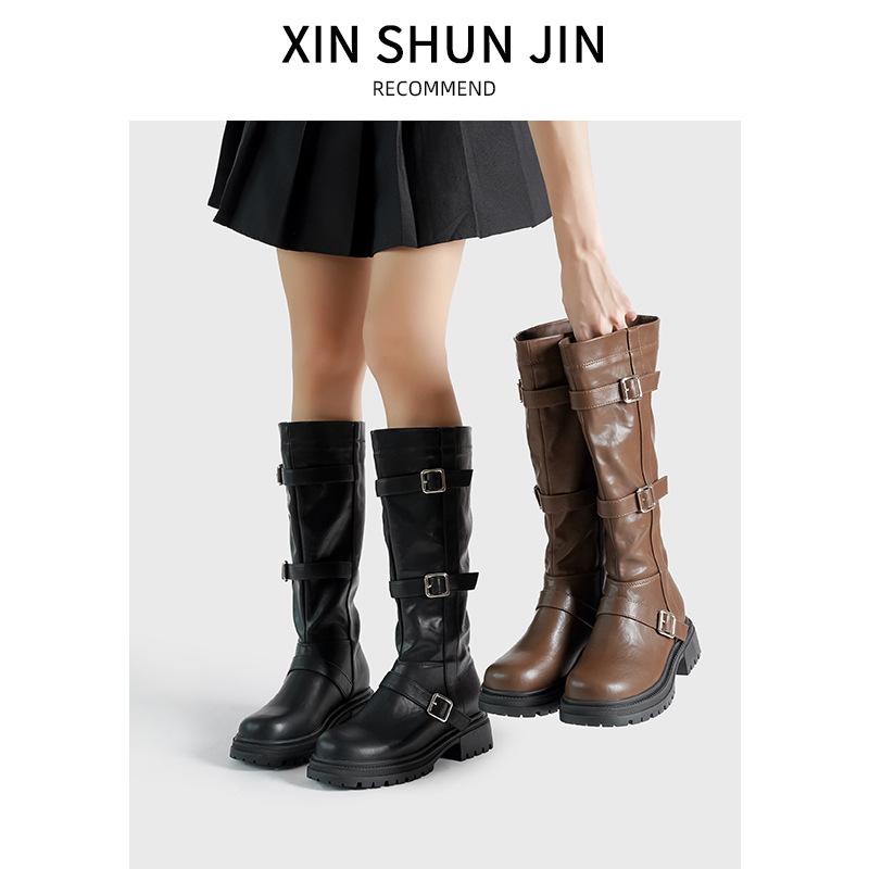 ・対象性別: 女性・スタイル: シンプル・トゥ形状: ラウンドトゥ・ヒール形状: ブロックヒール・ブーツタイプ: ライダーブーツ・筒丈: ハイカット・着用方法: スリップオン・パターン: 無地・適合季節: 春夏秋冬・カラー: ブラック,ブラ...