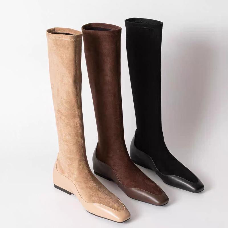 ・対象性別: 女性・スタイル: 韓国版・トゥ形状: スクエアトゥ・ヒール形状: インサイドハイヒール・ヒール高: フラットヒール・筒丈: ロングブーツ・厚み: 標準・着用方法: スリップオン・パターン: ソリッド・機能: ヒールアップ,耐摩...