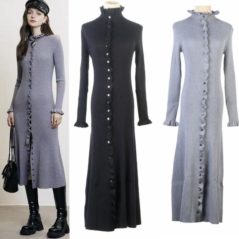 ・素材: テンセル 30-50%・カラー: グレー,ブラック・サイズ: S,M,L・タイプ: ワンピース・丈: ロング・スカート型: アシンメトリー・襟型: レース襟・袖丈: ロング・流行要素: フリル・スタイル: シンプル・前立て: シングル