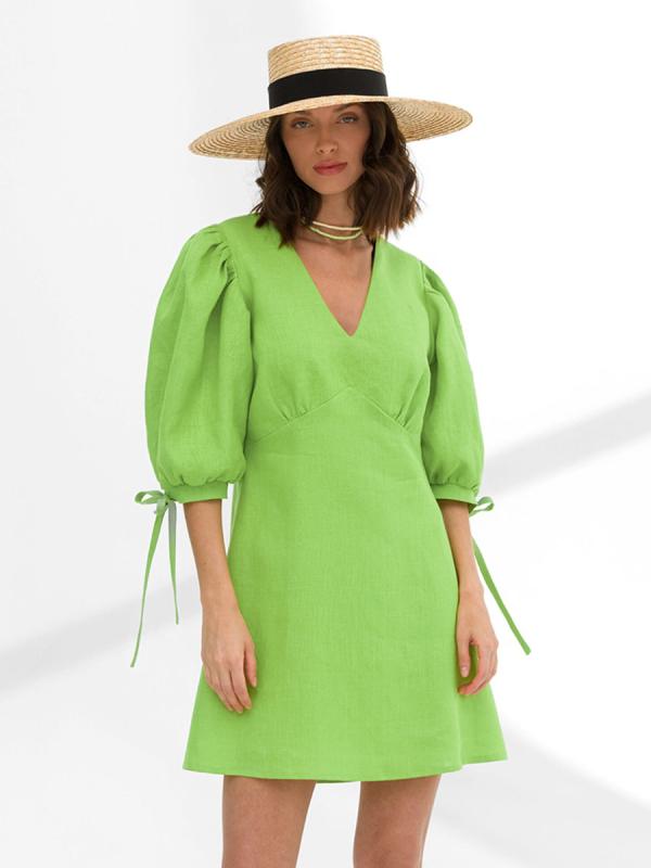 ・素材: コットン97%、スパンデックス3%・重量: 269g・色: ブラック、ピンク、グリーン・サイズ: S、M、L・柄: 無地・加工: 拼接・スタイル: ベーシック・丈: ショート・型: Aライン・襟型: Vネック・袖型: パフスリーブ...