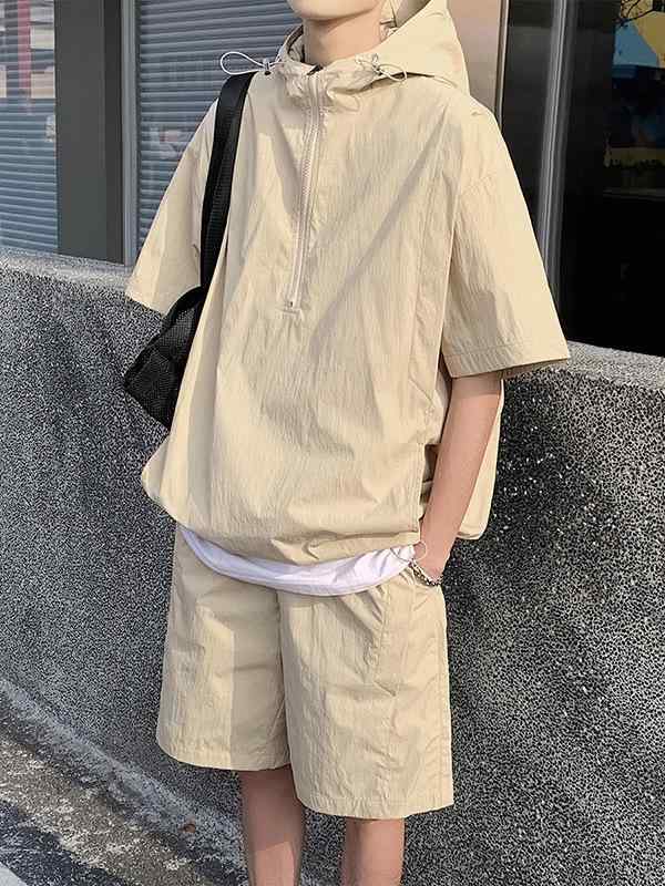 ・スタイル: 香港風・厚み: 普通・パンツ丈: ショートパンツ・トップススタイル: Tシャツ・袖丈: ショートスリーブ・フード: あり・素材: ポリエステル・成分: ポリエステル100%・使用シーン: 日常・色: ブラック,ベージュ・サイズ...