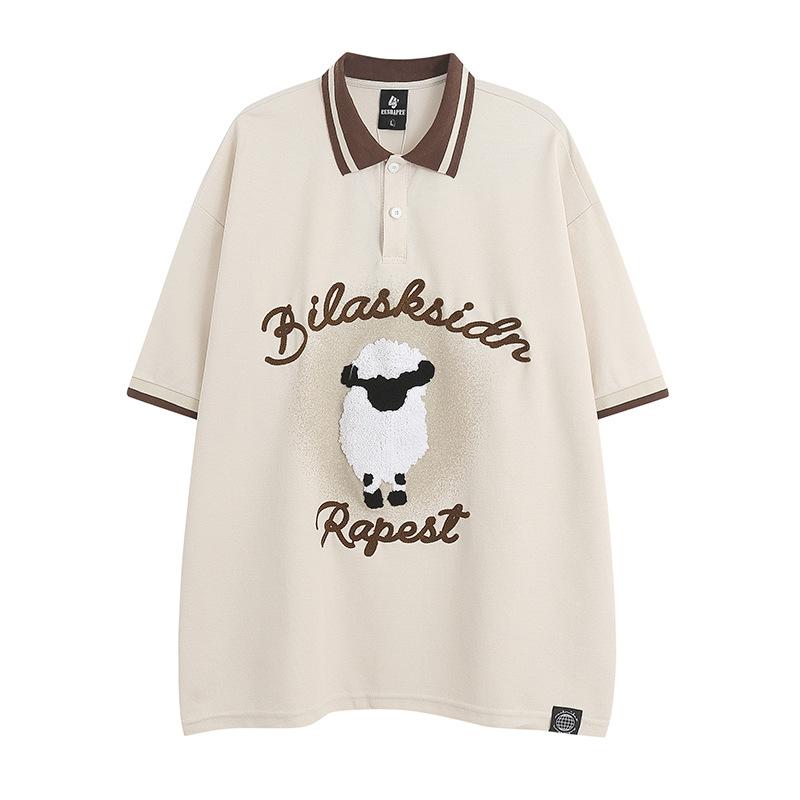 ・素材: コットン65%、ポリエステル35%・柄: 羊・シルエット: ゆったり・スタイル: プルオーバー・襟型: 折り返し襟・袖丈: 短袖・厚み: 普通・用途: カジュアル・ディテール: 植绒刺繍・プリント: 抽象パターン・加工: コントラ...