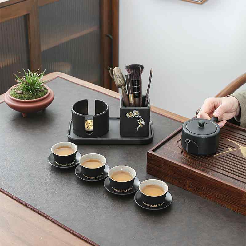 ・素材: 木質・スタイル: 新中式・カラー: ブラック・仕様: 金松六君子+五福古銅杯墊組,金松六君子+五福亮金杯墊組,金松六君子+云窗古銅杯墊組,金松六君子+云窗亮金杯墊組,金松六君子+五福古青杯墊組