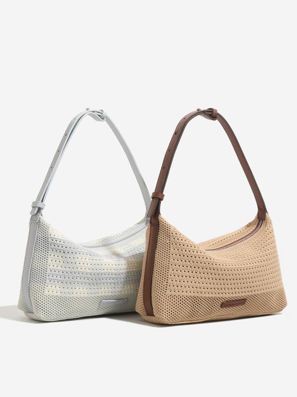 ・カラー: ライトブルー,ベージュ・素材: コットンリネン・スタイル: ホーボーバッグ・サイズ感: 中・要素: 編み込み,ステッチ・裏地: ポリコットン・形状: 横型スクエア・開閉: ジッパー・内部構造: ジッパーポケット,携帯ポケット,カ...