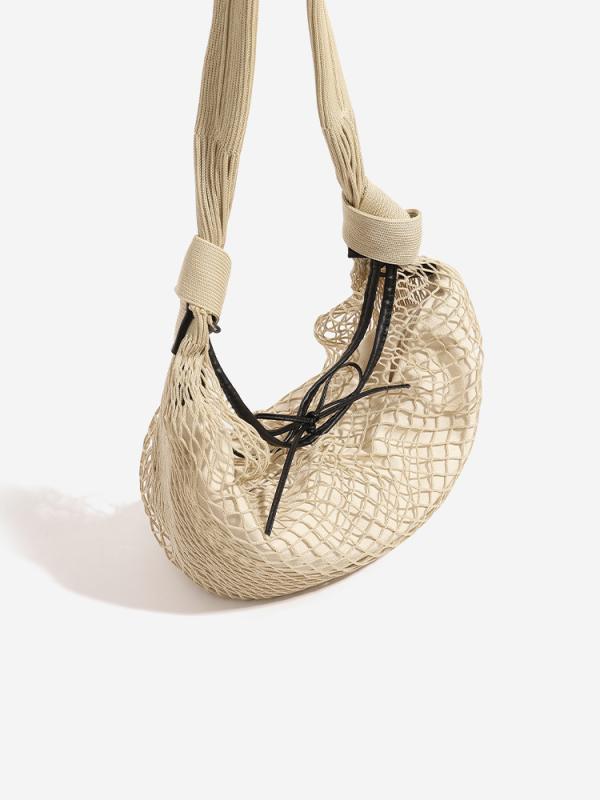 ・カラー: ブラック,アプリコット・素材: コットンリネン・タイプ: 編み込みバッグ・サイズ: 中型・形状: 牛角型・開閉: ドローコード・内部構造: スマホポケット,ジッパー付き仕切り・硬度: ソフト・外ポケット: スラッシュポケット・ス...