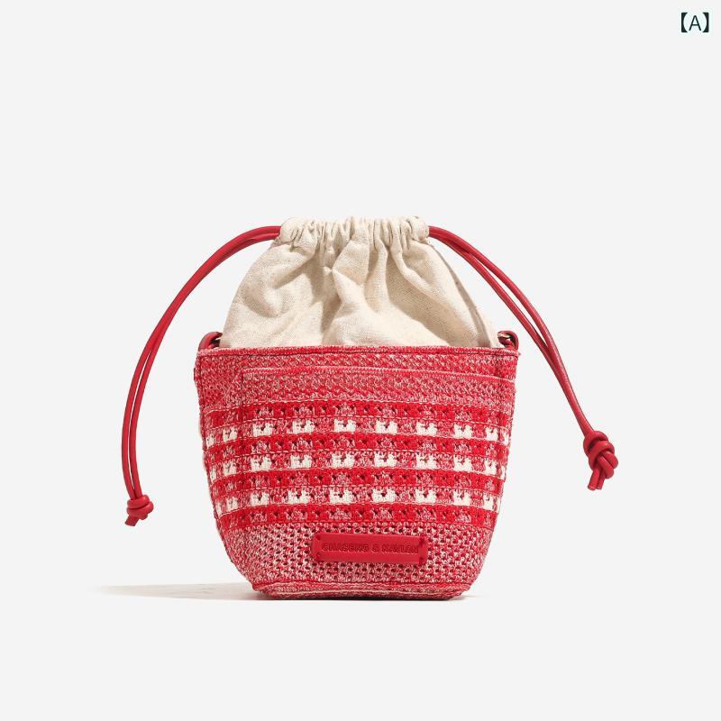 ・色: レッド,ベージュ・サイズ: 8×8.5×11cm・素材: PVC・バッグサイズ: 小・流行要素: 編み込み,草編み,ツートンカラー,パッチワーク・裏地素材: ポリコットン・形状: バケツ型・開閉方式: ドローストリング・内部構造: ...