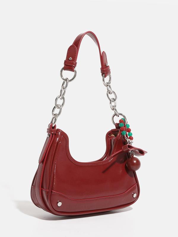 ・カラー: チェリーレッド・サイズ: 23x8x10cm・素材: PU・バッグサイズ: 中型・装飾要素: ビーズ,リボン,ステッチ,リベット,チェーン・裏地: ポリコットン・形状: 餃子型・開閉方式: ジッパー・内部構造: 携帯ポケット,カ...