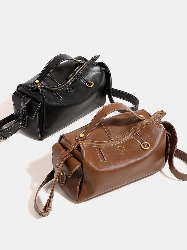 ・カラー: タンブラウン・スタイル: 欧米レトロ・素材: 合成皮革・タイプ: ボストンバッグ・サイズ: 中型・ディテール: ステッチ・裏地: ポリコットン・形状: 枕型・開閉: ジッパー・内部構造: ジッパーポケット、携帯ポケット、カードポ...