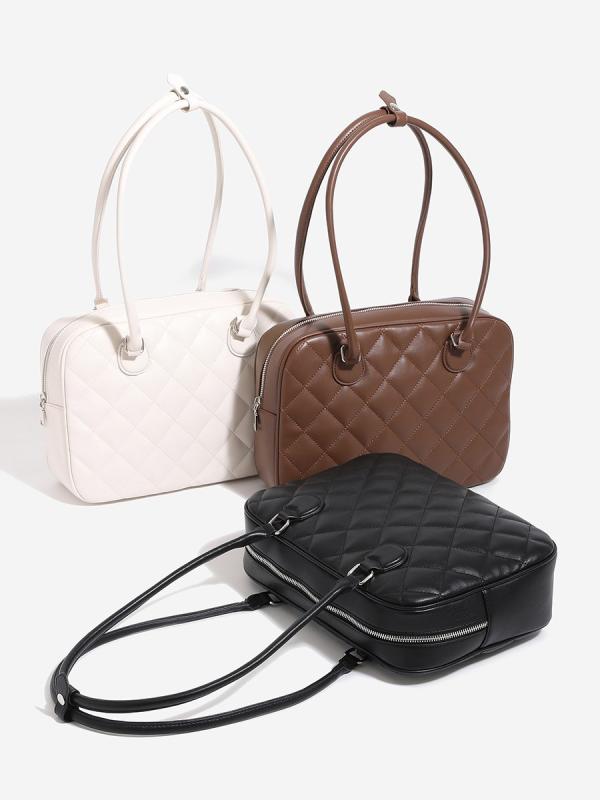 ・カラー: ブラック,クリーム,ブラウン・サイズ: 34x10x24cm・素材: ポリウレタン・バッグサイズ: 大・流行要素: ステッチ,菱形・裏地: ポリコットン・形状: 横型方形・開閉方式: ジッパー・内部構造: ジッパーポケット,スマ...