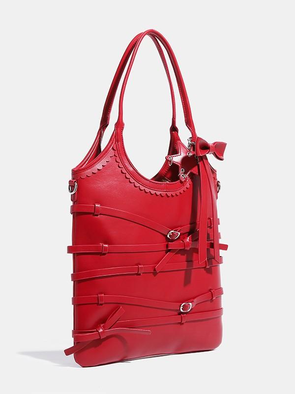 ・色: 赤・スタイル: ストリート・素材: PU・バッグスタイル: ホーボーバッグ・サイズ分類: 大・流行要素: 蝶結,ステッチ・裏地素材: ポリコットン・形状: 縦型方形・開閉方式: 磁扣・内部構造: ジッパー隠しポケット,スマホポケット...