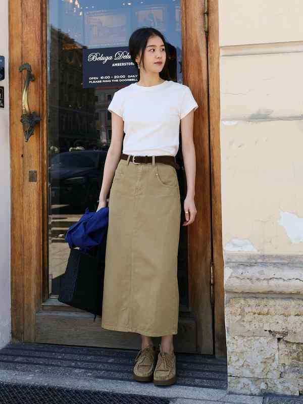 ・柄: 無地・加工: ピース・生地名: コットン・主素材成分: コットン・主素材成分2: ポリエステル・スカートシルエット: ストレート・スカート丈: ミディアム・色: ミディアムブルー,ホワイト,カーキ,ブルー・サイズ: S,M,L・スタ...