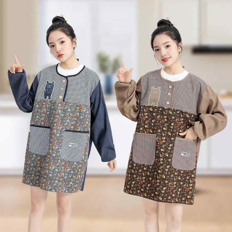 ・タイプ: 袖付きエプロン・用途: 防汚・素材: コットン100%・サイズ: フリーサイズ・スタイル: カートゥーン・柄: カートゥーン・パターン: カートゥーン、アニメ・色: 胸前小熊刺繍ネイビー,胸前小熊刺繍ブラウン・対象: 成人