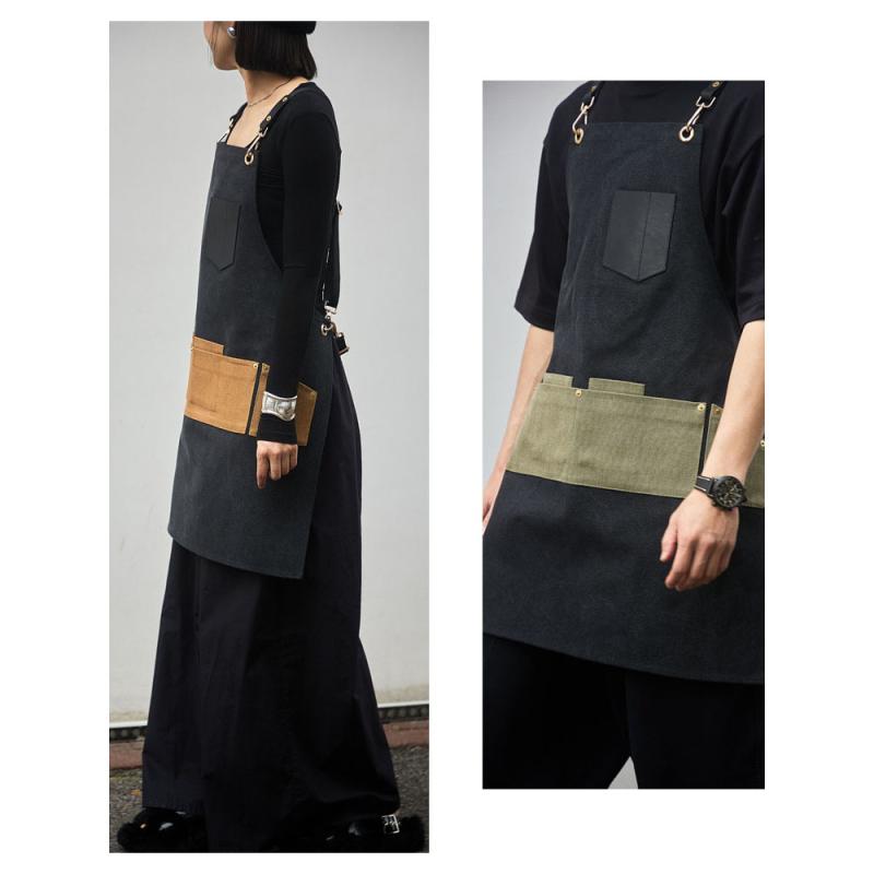 ・エプロン種類: 無袖・用途: 防汚・素材: キャンバス・スタイル: 清新・柄: 無地・カラー: ブラック, ブラックグリーン, ブラックイエロー, チャコール, ネイビー・サイズ: M, L・ポケット素材: 革, 布・対象: 成人