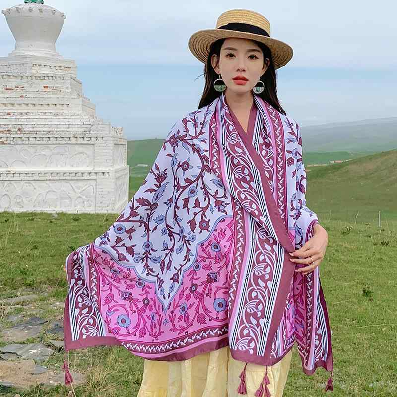 ・性別: 女性・素材: ツイルコットン・色: ピンク・柄: 藤蔓花・スタイル: レトロエスニック・長さ: 90×180cm・幅: 90cm・織り方: ツイル・機能: 遮陽・加工: プリント・款式: スタンダードロング