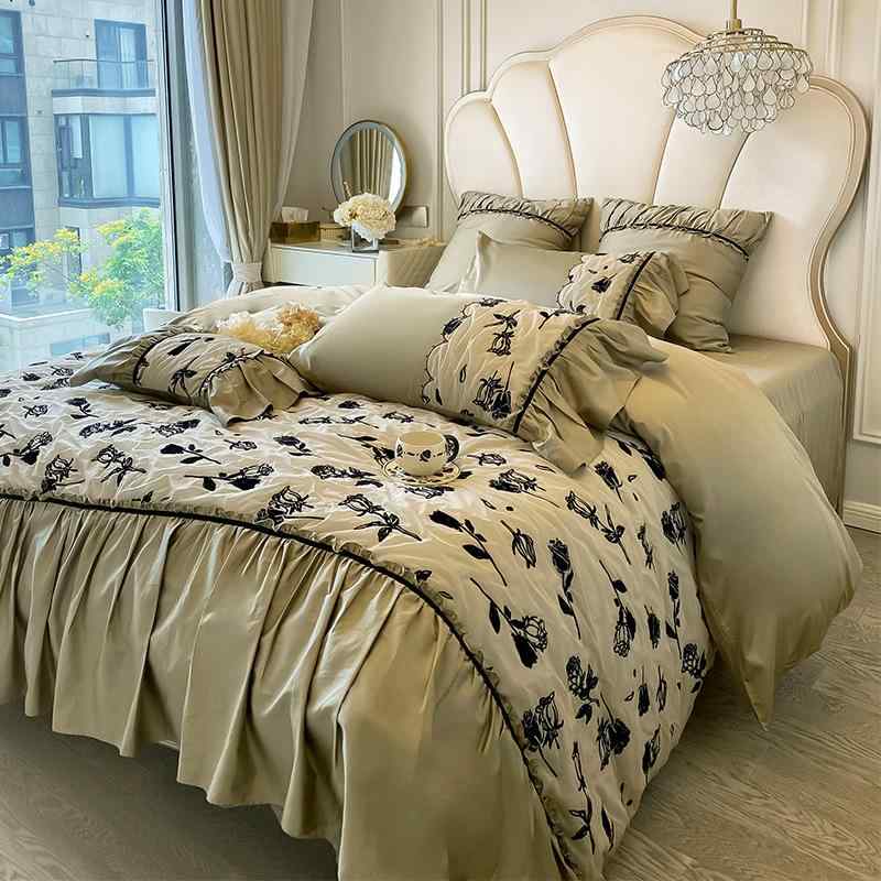 ・素材: 長絨綿・プリント加工: 活性染色・織り加工: レース・重量: 500g以下・柄: 植物花卉・スタイル: フラットシーツ式、ベッドスカート式・デザイン: 徜徉夢境-グリーン、徜徉夢境-ピンク・サイズ: 1.5m床四件套(被套200*...