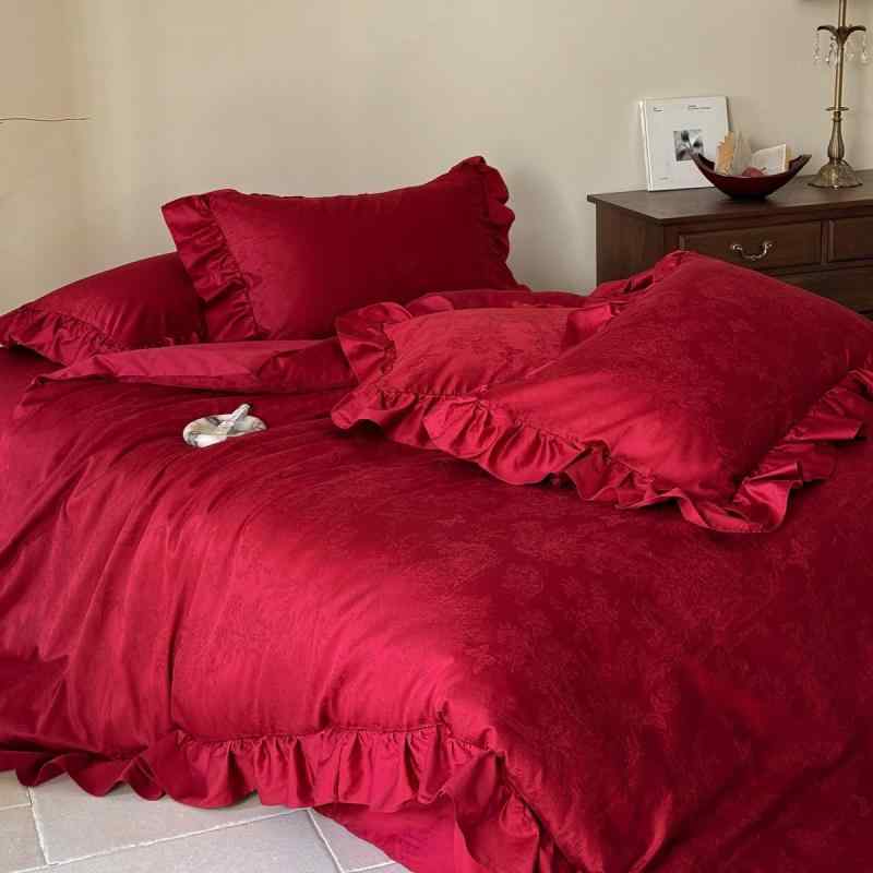 ・糸数: 100支・染色加工: 活性印染・織造加工: 提花・重量: 2500g-3000g・柄: 無地・款式: ベッドシーツ式・花型: 左岸荘園-赤・サイズ: 1.5mベッドシーツ四件セット,1.8mベッドシーツ四件セット,2.0mベッドシ...