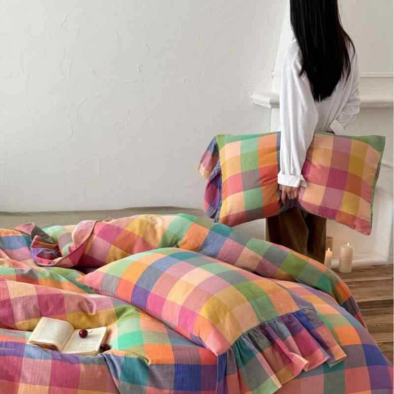 ・生地密度: 120×90・糸番手: 40S・染色加工: 活性染色・織り加工: プリント・重量: 500g～800g・柄: ストライプ、チェック・タイプ: ベッドシーツ式・サイズ: 1.5m四件セット（被罩200×230cm、ベッドシーツ2...