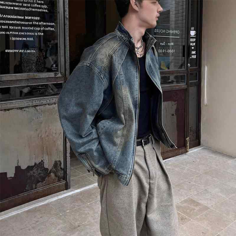 ・機能: 耐摩耗・スタイル: 香港風・襟型: スタンドカラー・シルエット: ルーズ・前立て: ジップ・厚み: 普通・柄: 無地・生地: デニム・表地成分: コットン56%・裏地成分: コットン56%・用途: 日常・ディテール: 表ステッチ・...