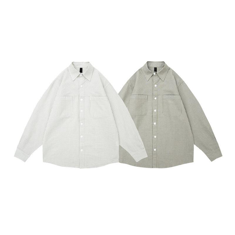 ・スタイル: レトロ・タイプ: 開衫・版型: ゆったり・襟型: 折り返し襟・袖丈: 長袖・柄: ストライプ・厚み: 普通・詳細: ポケット飾り・主素材: コットン96%以上・用途: カジュアル・色: ホワイトストライプ,アーミーグリーンスト...