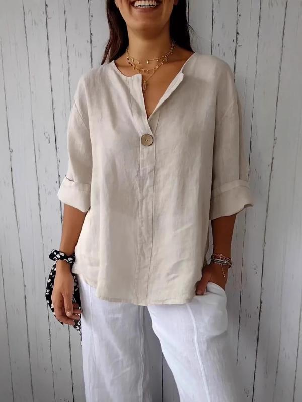 ・素材: リネン 80-90%, ポリエステル 50-70%・スタイル: プルオーバー・袖丈: 七分袖・加工: ノンアイロン・首元: Vネック・袖型: 標準袖・柄: 無地・色: 白,ベージュ,黒,赤,緑,ネイビー・サイズ: S,M,L,XL...