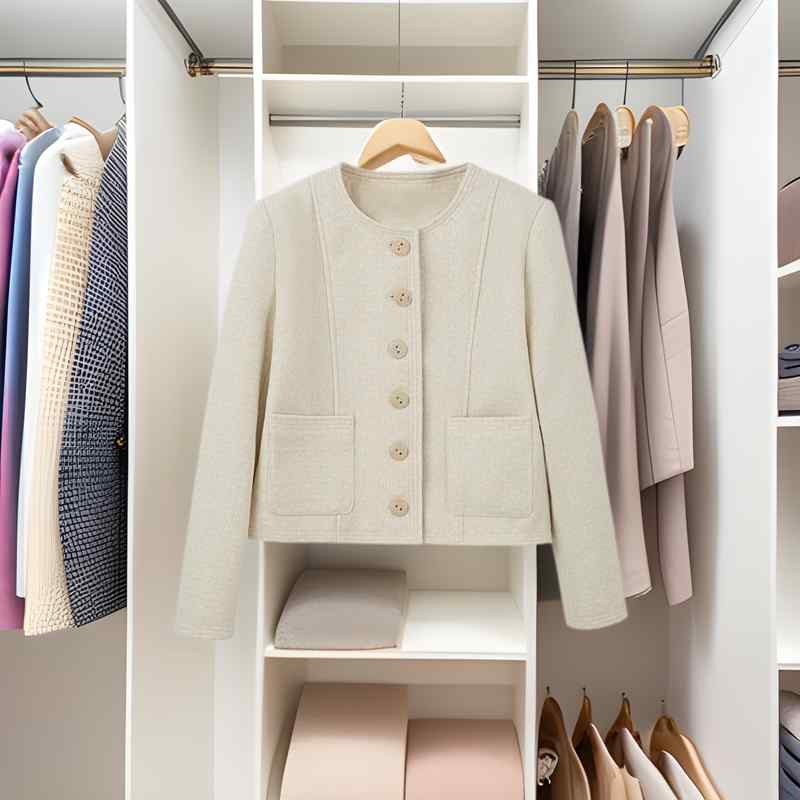 ・素材: ポリエステル95%以上・柄: 無地・厚み: 中厚・シルエット: ストレート・着丈: ミドル丈・首元: クルーネック・袖丈: 長袖・加工: 熱定型・カラー: ホワイト,ブラック・サイズ: S,M,L・前立て: シングルブレスト・スタ...