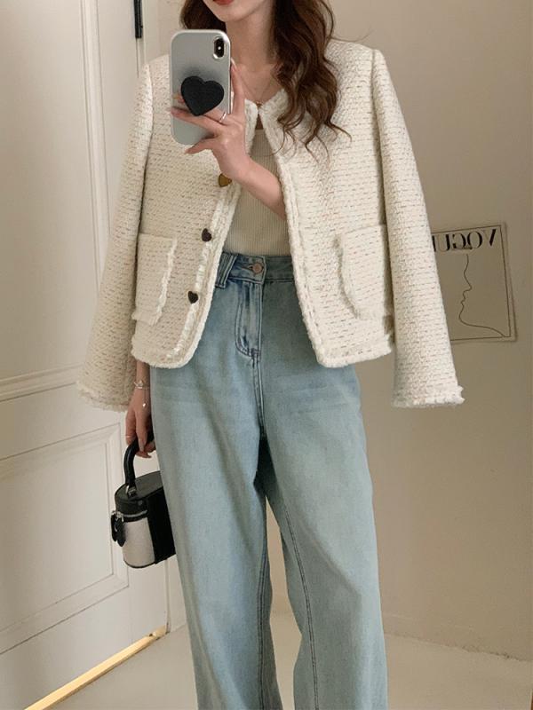 ・生地: ツイード・主素材: ポリエステル70-80%・副素材: ウール30-50%・パターン: ツートンカラー・シルエット: ストレート・セット: 単品・厚さ: 中厚・着丈: ミドル丈・袖丈: 長袖・袖型: 普通袖・首元: 丸首・ディテー...