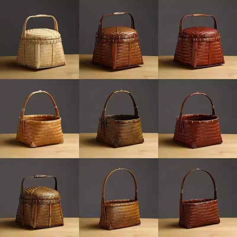 ・素材: 竹・加工: 手作業・模様: 無地・仕様: 小型竹籠,小型楕円形竹籠,中型竹籠無蓋（復古色）,中型竹籠無蓋（古紅色）,大型竹籠有蓋（復古色）,大型竹籠有蓋（復古紅）,大型竹籠有蓋（竹原色）,特大型正方形竹籠・スタイル: 復古