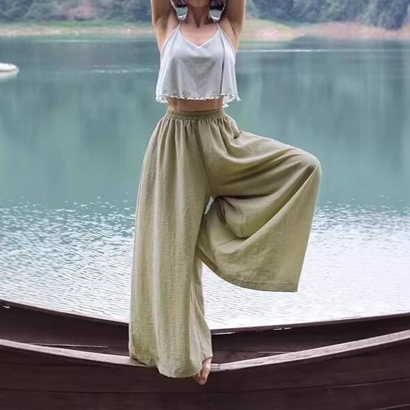 ・素材: コットン・成分含有率: コットン50%-70%・形状: ワイドレッグ・丈: ロング・腰位置: ハイウエスト・厚み: 薄手・色: グリーン・サイズ: M,L,XL,XXL・スタイル: レトロ・対象: 女性
