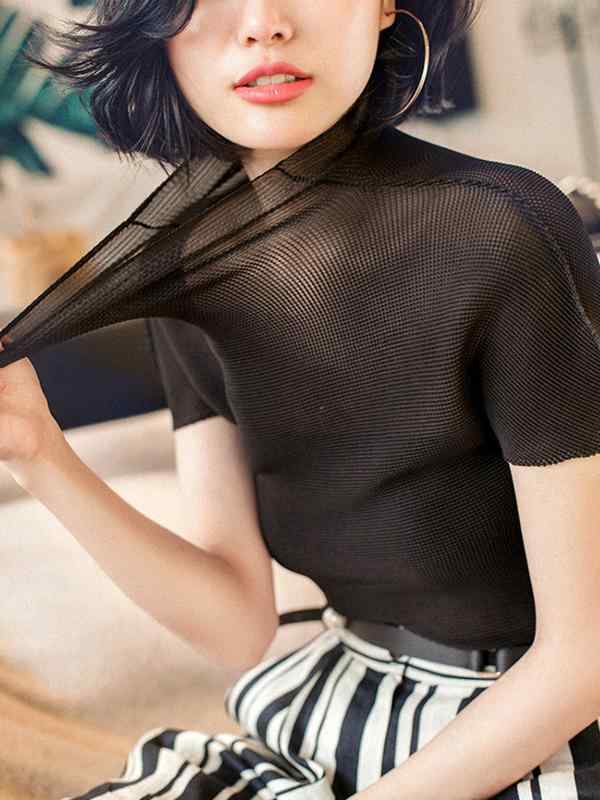 ・素材: シフォン・主素材: ポリエステル95%以上・柄: 無地・袖丈: 短袖・加工: 熱定型・シルエット: スリム・丈長: 普通(50cm<丈長≤65cm)・襟型: 半高襟・袖型: セットインスリーブ・ディテール: プリーツ・カラー...