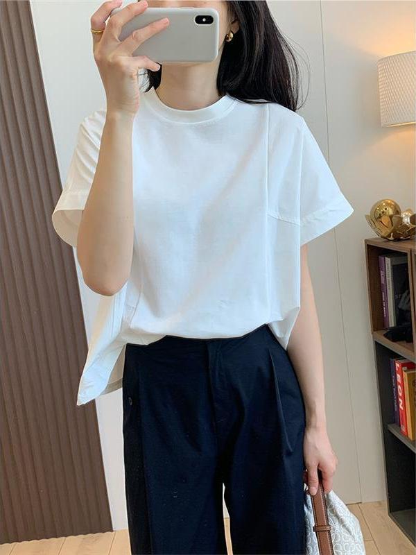・柄: 無地・袖丈: 半袖・シルエット: ゆったり・着丈: 50-65cm・首元: クルーネック・袖型: ドルマンスリーブ・カラー: 白,グレー,青・サイズ: S,M,L・スタイル: カジュアル
