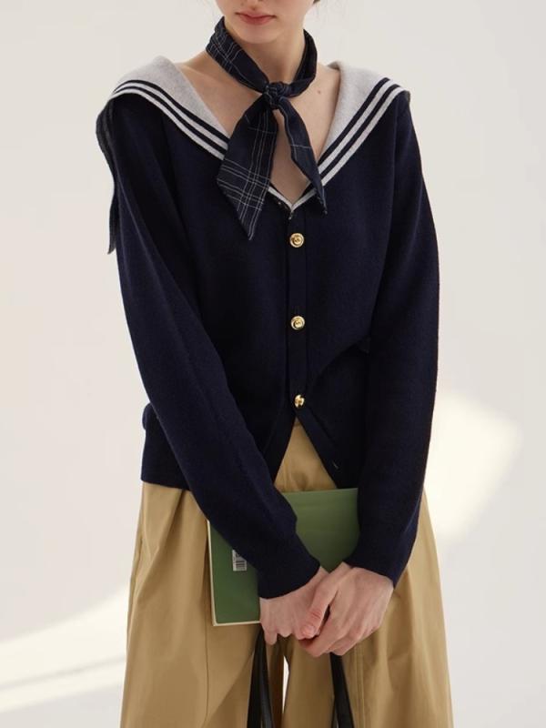 ・パターン: 無地・厚み: 薄手・スタイル: カーディガン・版型: スリムフィット・袖型: ストレート・襟型: セーラー襟・袖丈: 長袖・カラー: ネイビー・サイズ: S,M,L・前立て: シングルブレスト・テイスト: ネイビースタイル