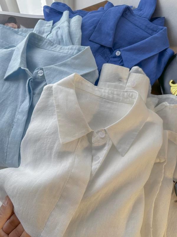 ・素材: リネン・柄: 無地・タイプ: 開襟・袖丈: 長袖・加工: パッチワーク/ステッチ・シルエット: ルーズ・着丈: ミドル(50cm超65cm以下)・襟型: ポロ・袖型: スタンダード・カラー: ホワイト,ライトブルー,ネイビー・サイ...