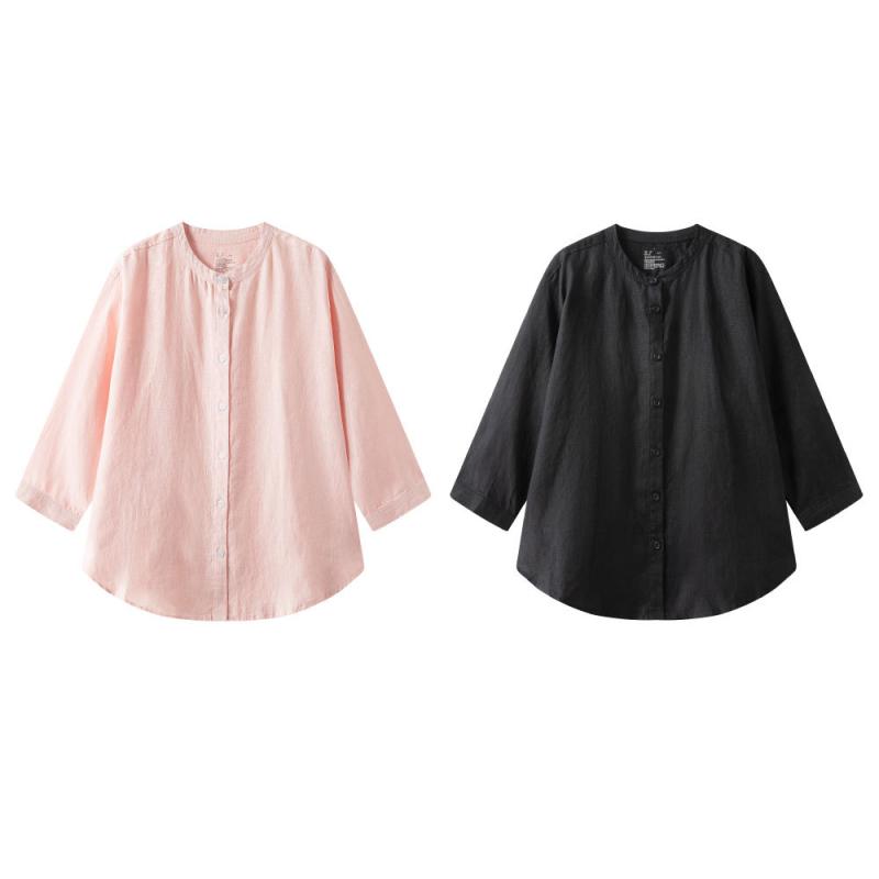 ・素材: リネン・主素材含有率: 95%以上・デザイン: 無地・袖丈: 7分袖・加工: ノーアイロン・シルエット: ルーズ・着丈: 普通 (50cm<着丈≤65cm)・襟型: スタンドカラー・袖型: シャツスリーブ・色: ホワイト,ラ...