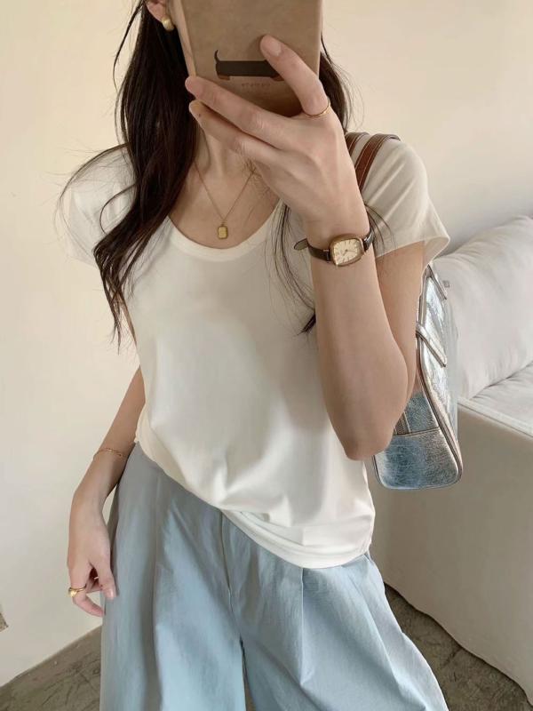 ・素材: レイヨン95%以上・柄: 無地・スタイル: プルオーバー・袖丈: 半袖・加工: 熱定型・シルエット: ゆったり・着丈: 普通 (50-65cm)・首元: ラウンドネック・袖型: 通常袖・色: ホワイト,ブラック,フラワグレー,ブル...