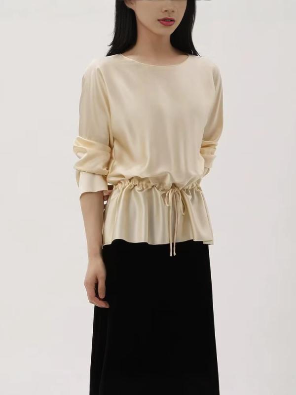 ・素材: シルク・柄: 無地・スタイル: プルオーバー・袖丈: 長袖・加工: 熱定型・版型: 標準・着丈: 普通 (50-65cm)・襟型: ラウンドネック・流行要素: ドローコード・色: ピンク,シャンパン,ネイビー・サイズ: S,M,L...