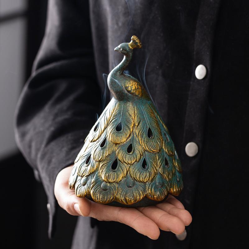 ・素材: セラミック・色: 窑変緑,アンティーク,鎏金・仕様: 孔雀盤香炉（香托付き）・スタイル: 中華風・用途: 宗教用品